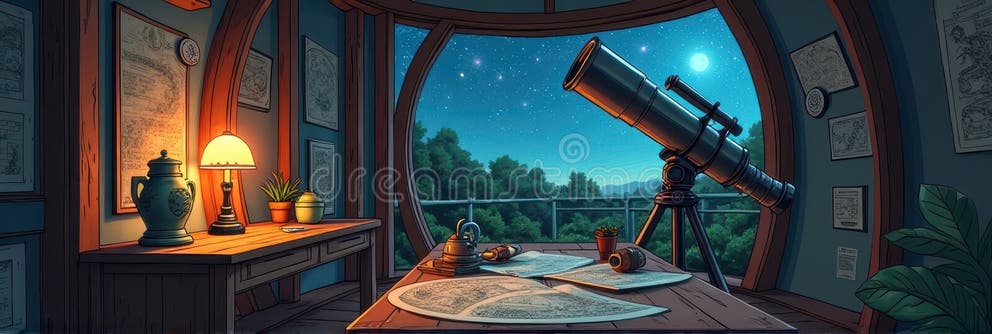 Cozy Observatory with Telescope and Starry Night Sky View Stock Image ...