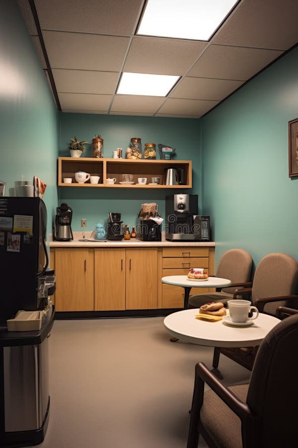 Cozy Office Break Room Featuring a Coffee Machine and Snacks Stock ...