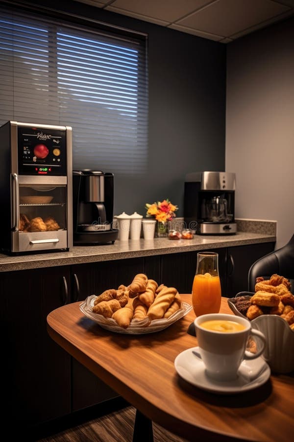 Cozy Office Break Room Featuring a Coffee Machine and Snacks Stock ...