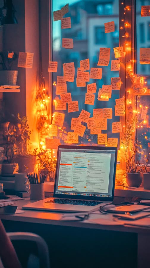 Cozy Office Desk with Laptop and Sticky Notes by a Lit Window for ...