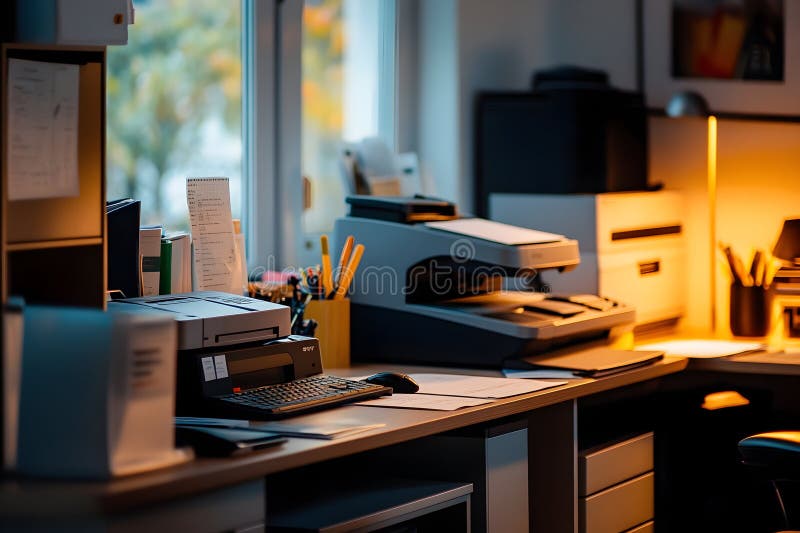 Cozy Office Desk with Printer and Stationery in Soft Evening Light ...