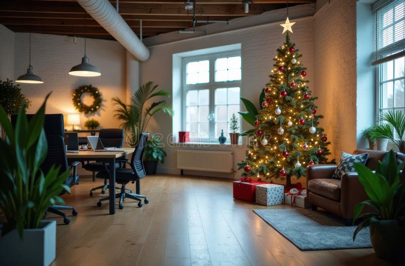 Cozy Office with Festive Christmas Tree Decor and Gifts in Modern ...