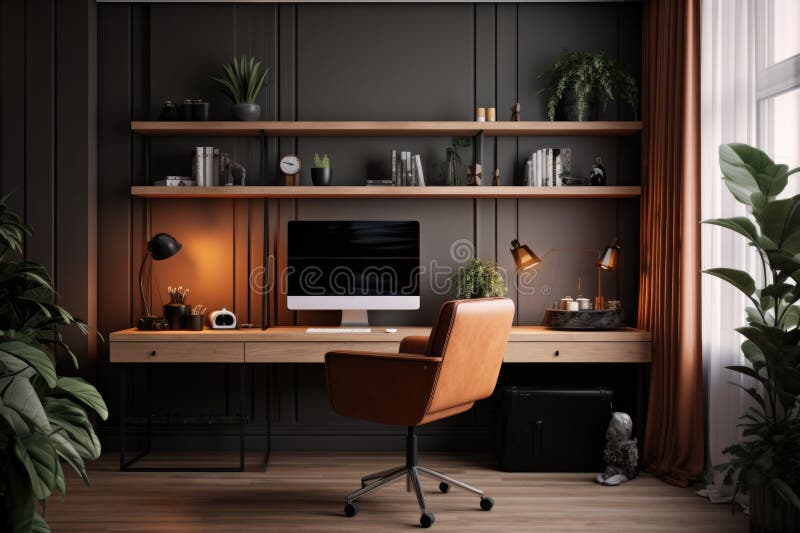 Cozy Office Interior with Modern Work Desk Stock Illustration ...
