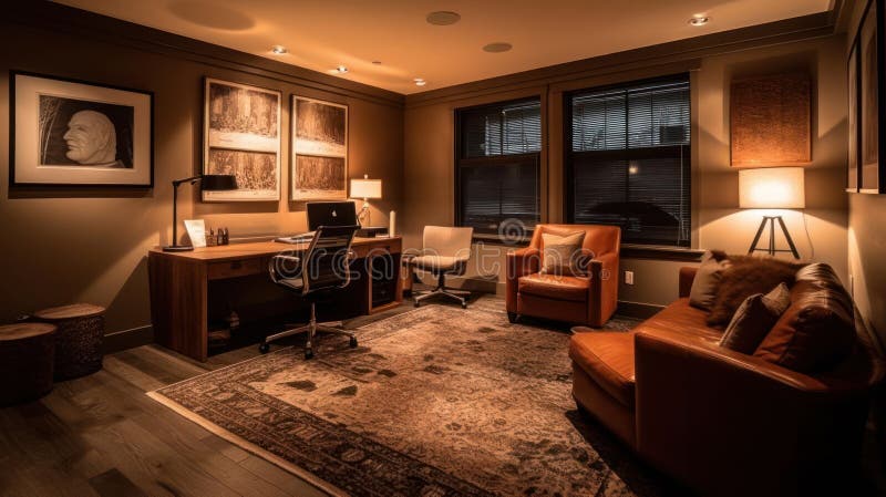 A Cozy Office Room with Warm Lighting and Comfy Chairs Created with ...