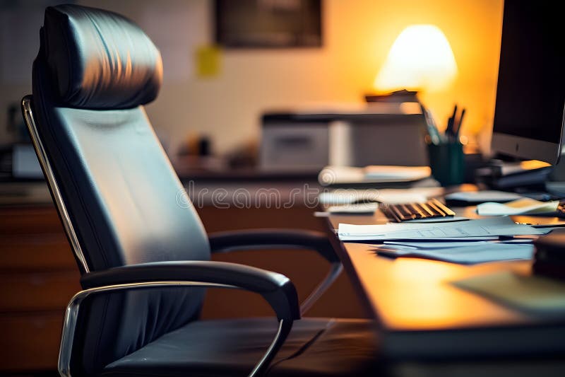 Cozy Office Workspace with Leather Chair and Lamp Stock Photo - Image ...