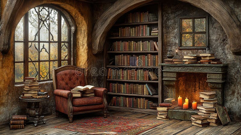 Cozy, Old-fashioned Library Nook with a Fireplace Stock Illustration ...