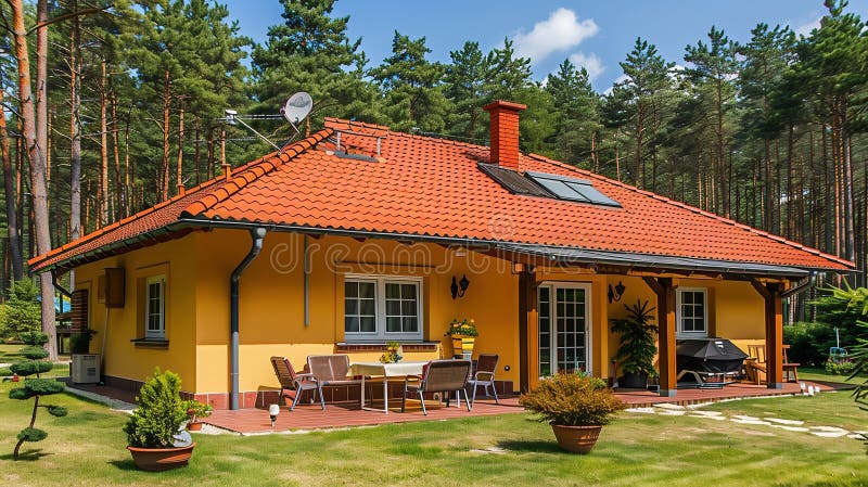 Cozy One Store House with Terrace in Grass Yard Stock Image - Image of ...