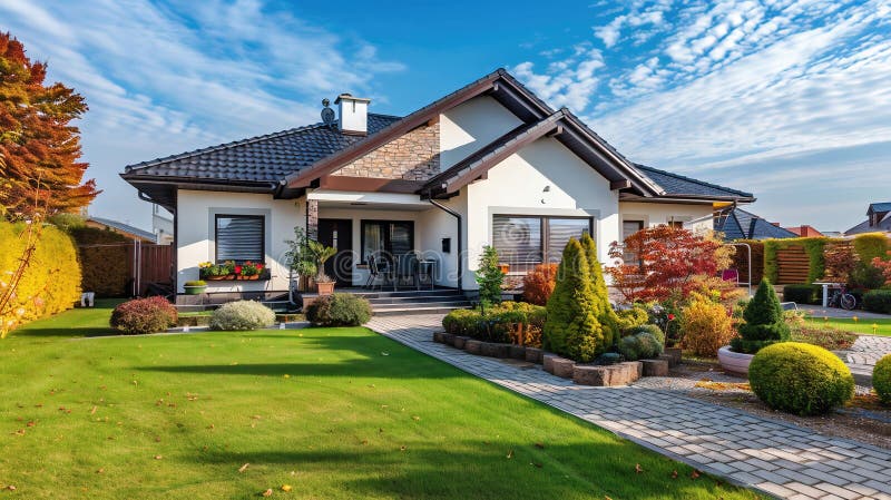 Cozy One Store House with Terrace in Grass Yard Stock Image - Image of ...