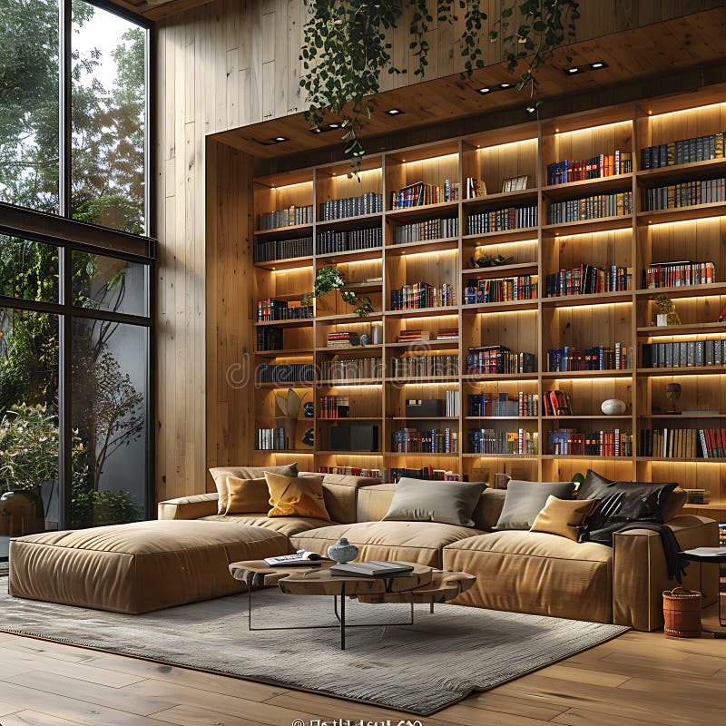 Cozy Open-Concept Library with Abundant Natural Light Stock ...