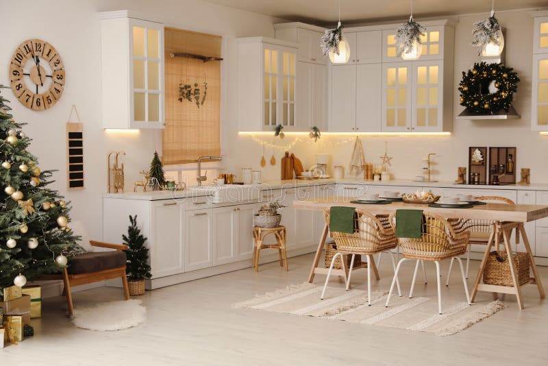 Cozy Open Plan Kitchen Decorated for Christmas. Interior Design Stock ...