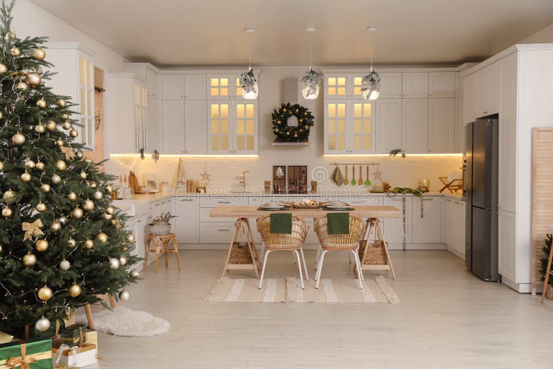 Cozy Open Plan Kitchen Decorated for Christmas. Interior Design Stock ...