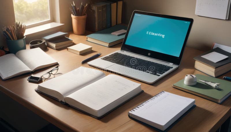 Modern E-Learning Workspace with Laptop Stock Image - Image of screen ...