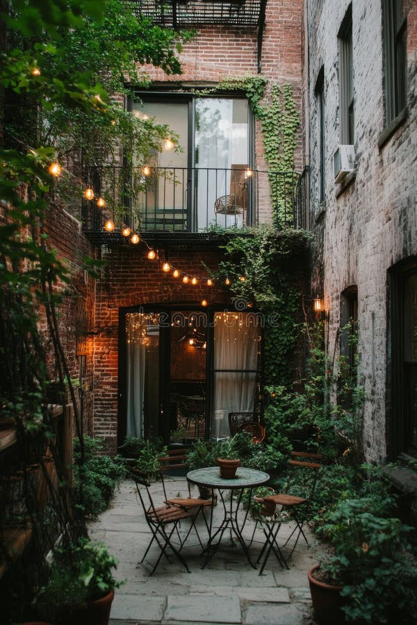 A Cozy Outdoor Area Featuring String Lights, Plants, Tables, and Chairs ...