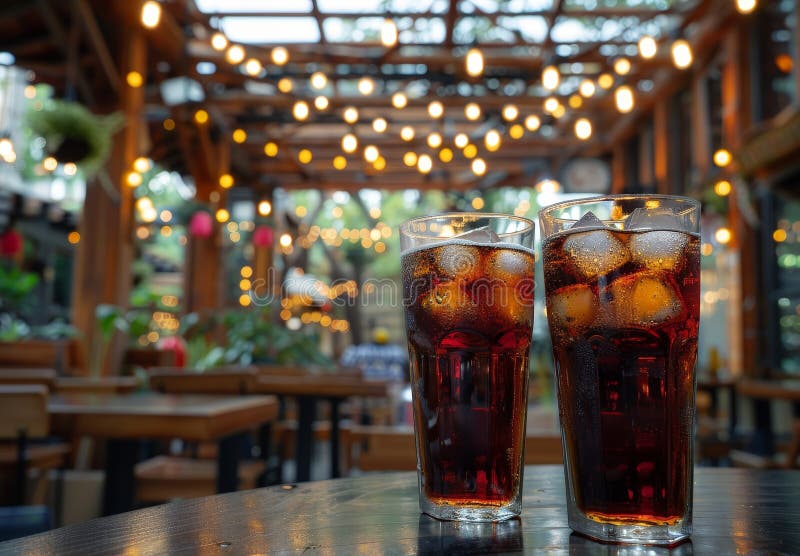 Cozy Outdoor Bar with Festive String Lights and Cold Drinks Stock ...