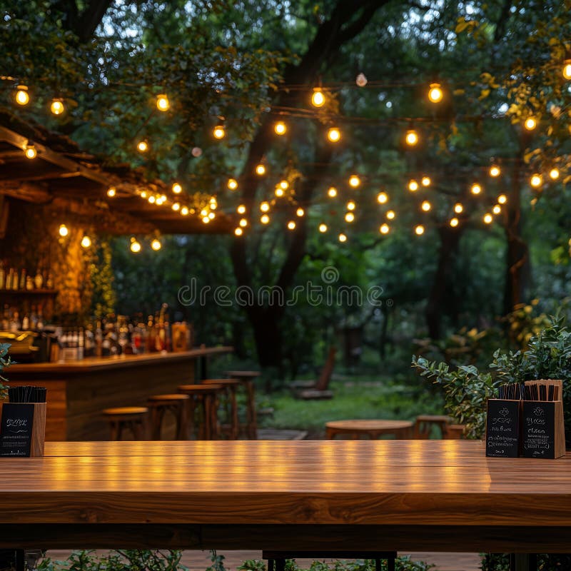 Cozy Outdoor Bar with String Lights in Forest Setting Stock ...