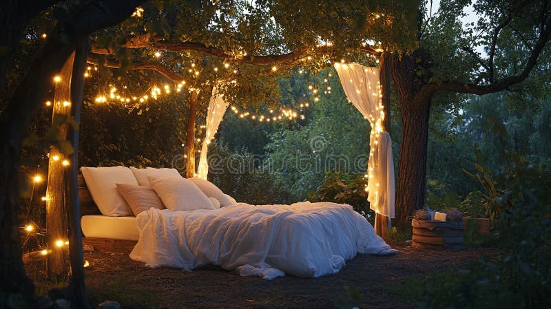 A Cozy Outdoor Bed with White Linens and String Lights Under a Canopy ...