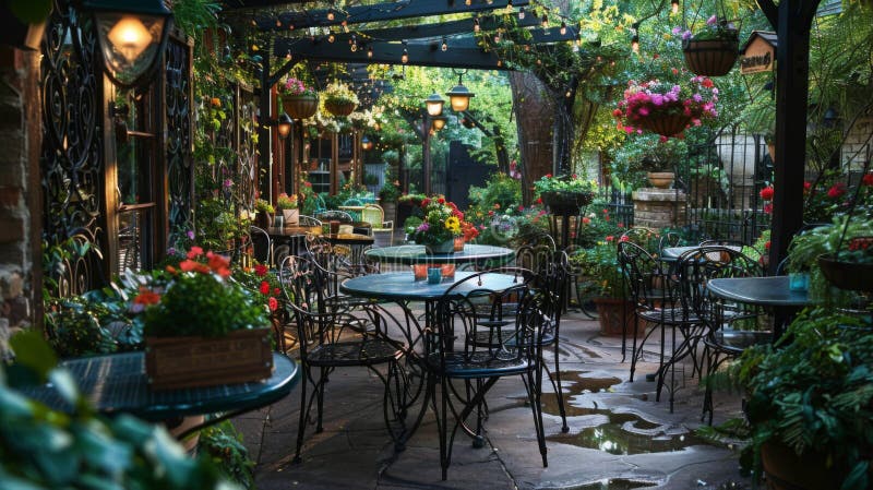 Cozy Outdoor Cafe Patio with String Lights and Lush Plants in the ...