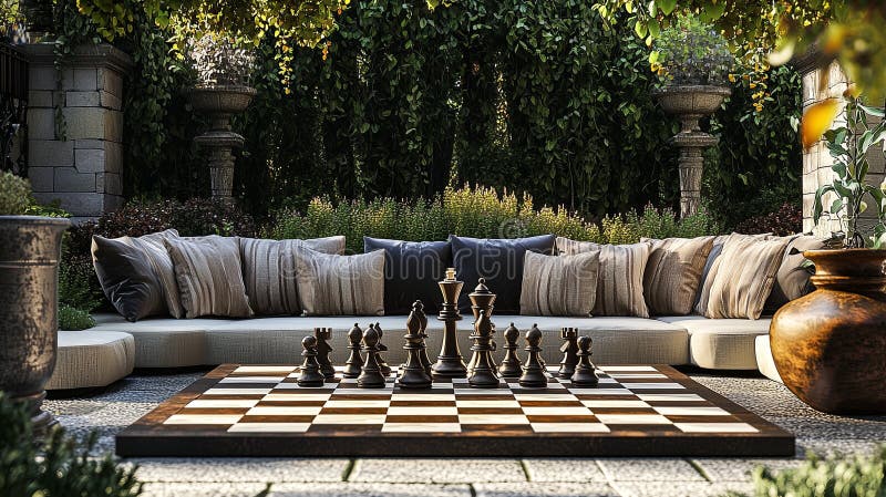 A Cozy Outdoor Chessboard with Oversized Pieces and a Checkered Stock ...