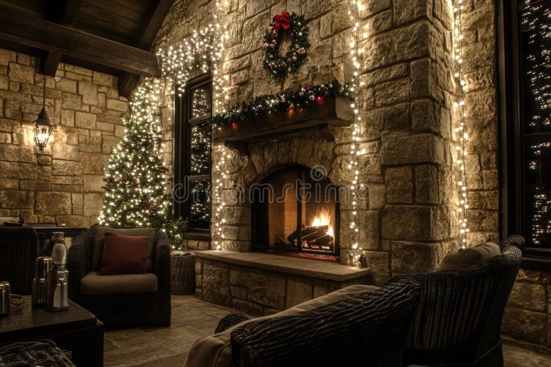 Cozy Outdoor Christmas Decor with Fireplace and String Lights Stock ...