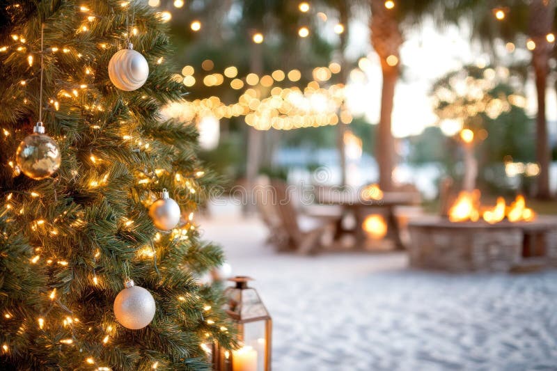 Cozy Outdoor Christmas Setting with Lit Tree and Lanterns by a Warm ...