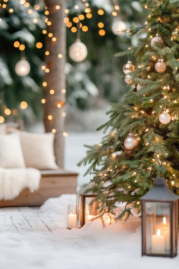 Cozy Outdoor Christmas Setting with Lit Tree and Lanterns by a Warm ...
