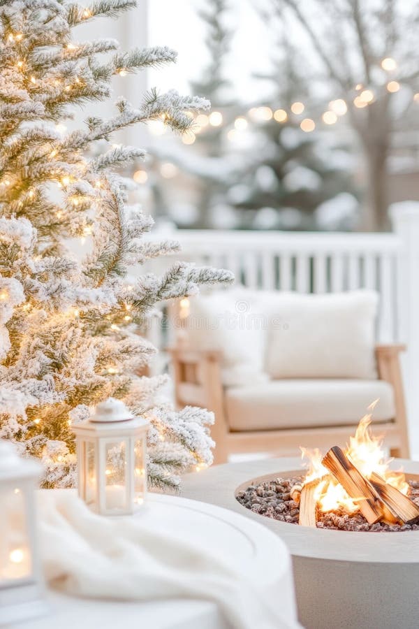 Cozy Outdoor Christmas Setting with Lit Tree and Lanterns by a Warm ...