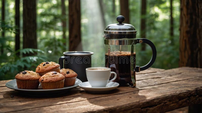 A Cozy Outdoor Coffee Setup with Muffins in a Serene Forest Setting ...