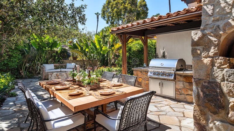A Cozy Outdoor Dining Area with a Barbecue Set Up in a Backyard Pic ...