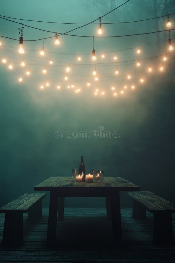 Cozy Outdoor Dining Area Illuminated by String Lights at a Restaurant ...