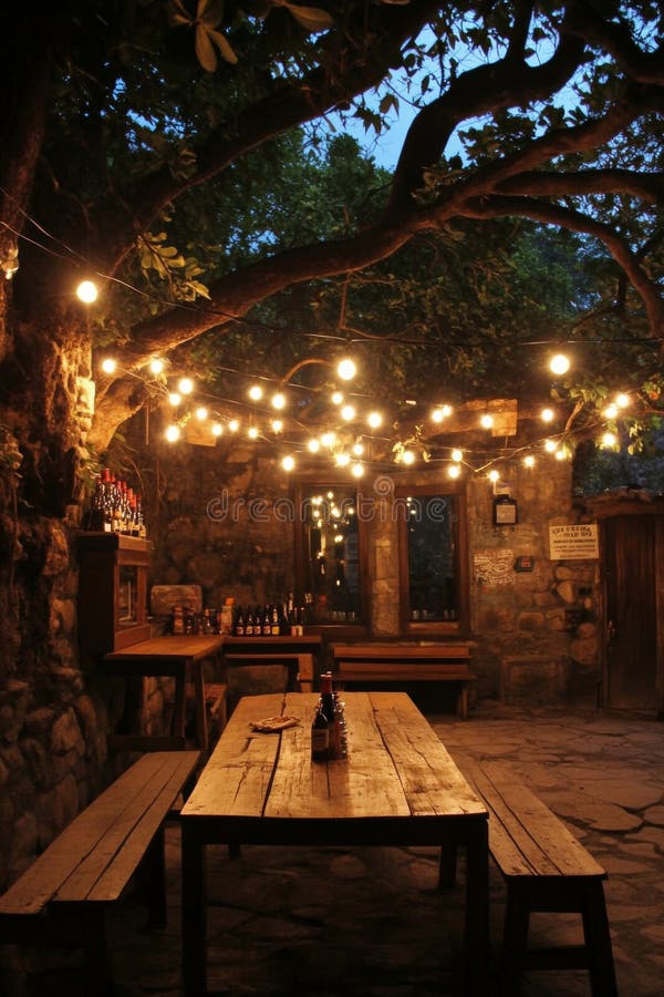 Cozy Outdoor Dining Area Illuminated by String Lights at a Restaurant ...
