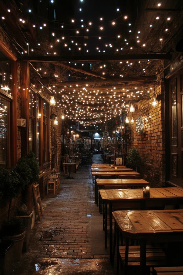 Cozy Outdoor Dining Area Illuminated by String Lights at a Restaurant ...