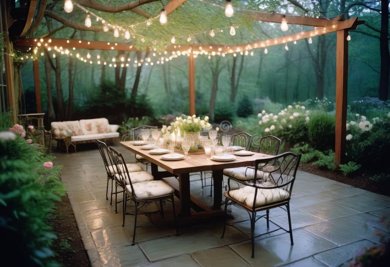 A Cozy Outdoor Dining Area in a Lush Stock Illustration - Illustration of garden, lush: 327590608