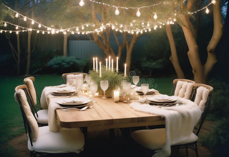 A Cozy Outdoor Dining Area in a Lush Stock Illustration - Illustration of area, stars: 327590610