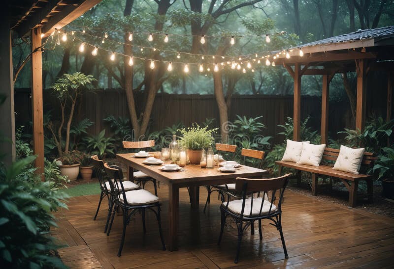 A Cozy Outdoor Dining Area in a Lush Stock Illustration - Illustration ...