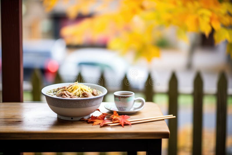 Cozy Outdoor Eating, Pho Bowl on a Table with Fall Leaves Stock Photo ...