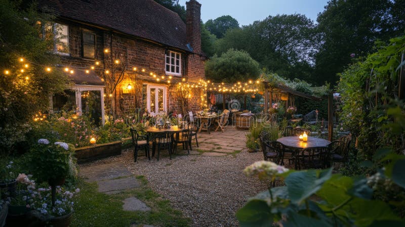 Cozy Outdoor Evening Gathering at Rustic Cottage with String Lights ...