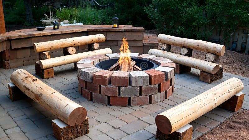 Cozy Outdoor Fire Pit Surrounded by Rustic Log Benches in a Tranquil ...