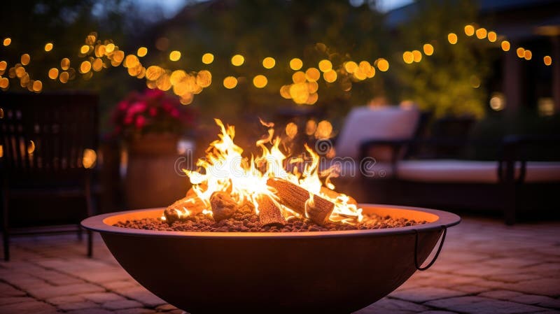 Cozy Outdoor Fire Pit with Warm Flames and String Lights in a Relaxing ...
