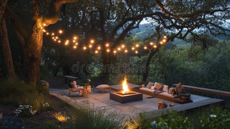 A Cozy Outdoor Gathering with a Fire Pit, String Lights, and Minimalist ...