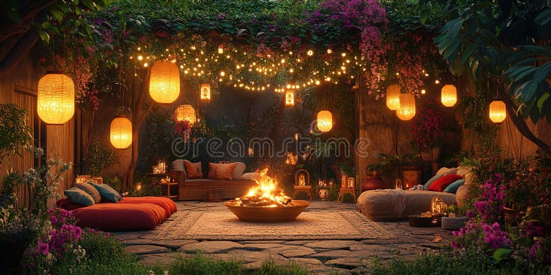 Cozy Outdoor Gathering with Lanterns and Fire at Night in a Lush Garden ...
