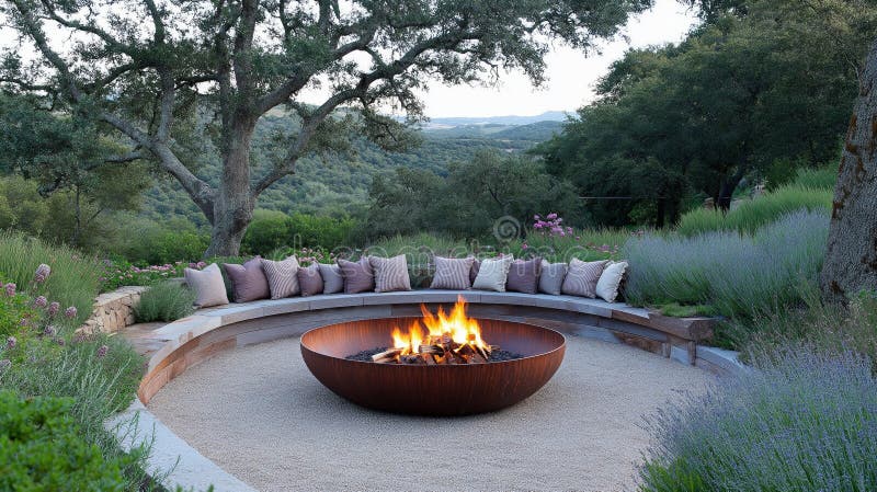 Cozy Outdoor Gathering Space Featuring a Modern Firepit Surrounded by ...