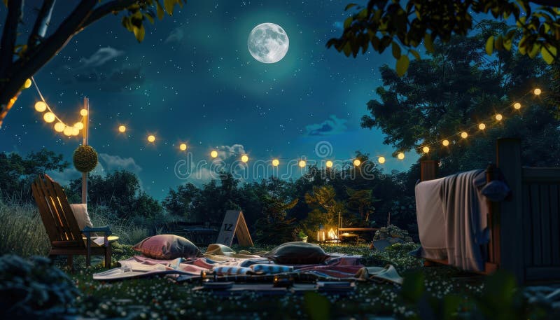 Cozy Outdoor Gathering Under the Moonlight with String Lights in a ...