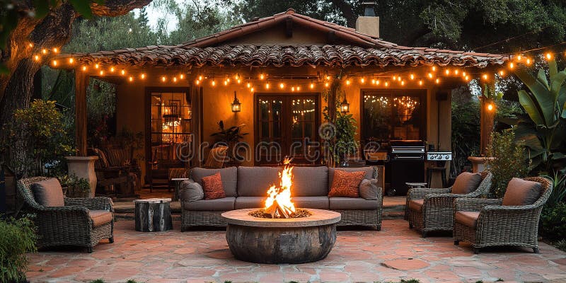 Cozy Outdoor Living Space with Fire Pit and String Lights in a Warm ...