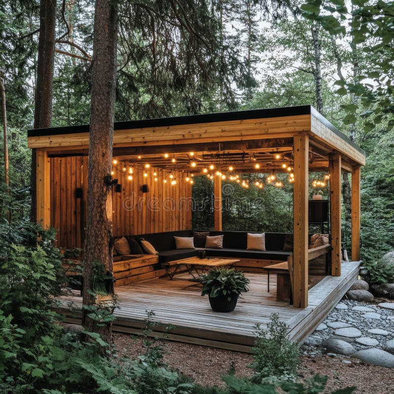 Cozy Outdoor Lounge Area Decorated with String Lights and Surrounded by ...