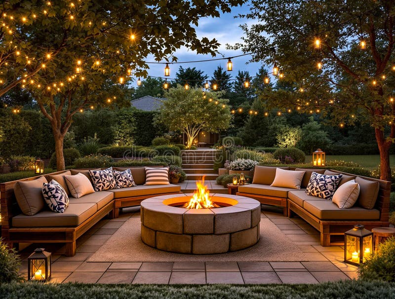 Cozy Outdoor Lounge with Fire Pit and String Lights