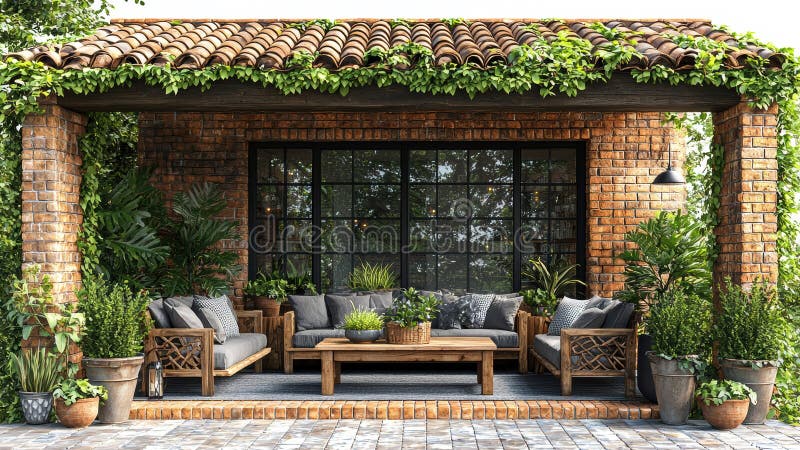 Cozy Outdoor Patio with Brick Architecture and Greenery in Relaxation ...