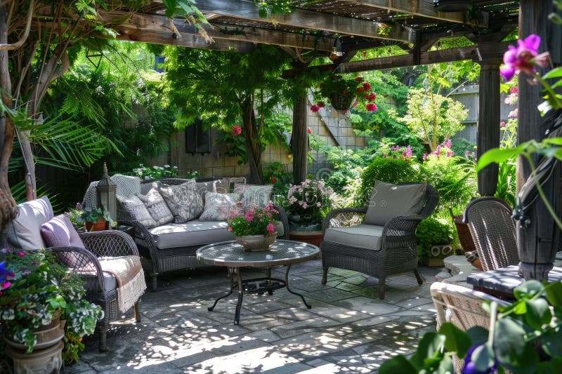 Cozy Outdoor Patio in a Lush Garden Setting Stock Illustration ...