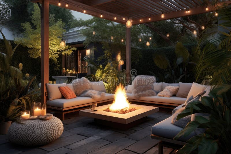 A Cozy Outdoor Patio with Soft Cushions and a Fire Pit Stock ...