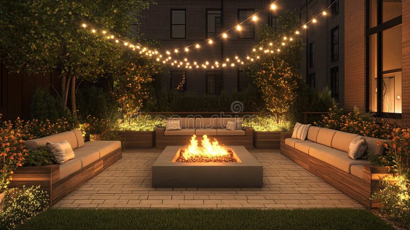 A Cozy Outdoor Patio with String Lights and a Fire Pit Surrounded by ...