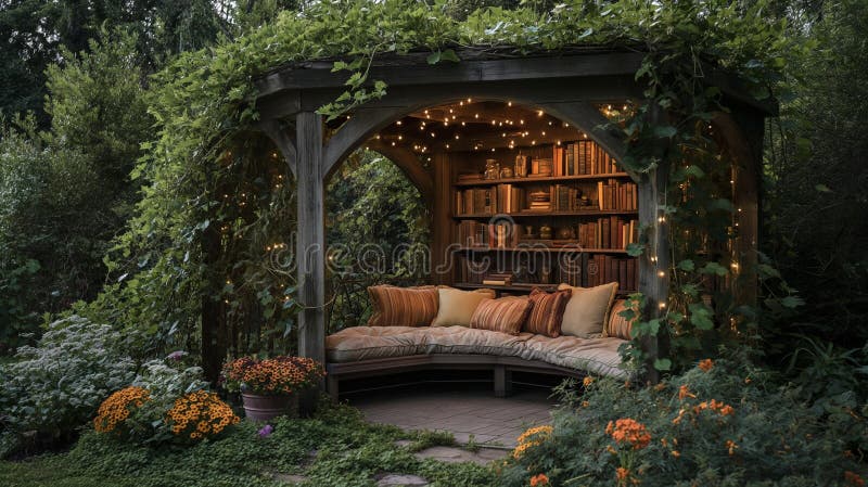 Cozy Outdoor Reading Nook Featuring a Bookshelf and Comfortable ...